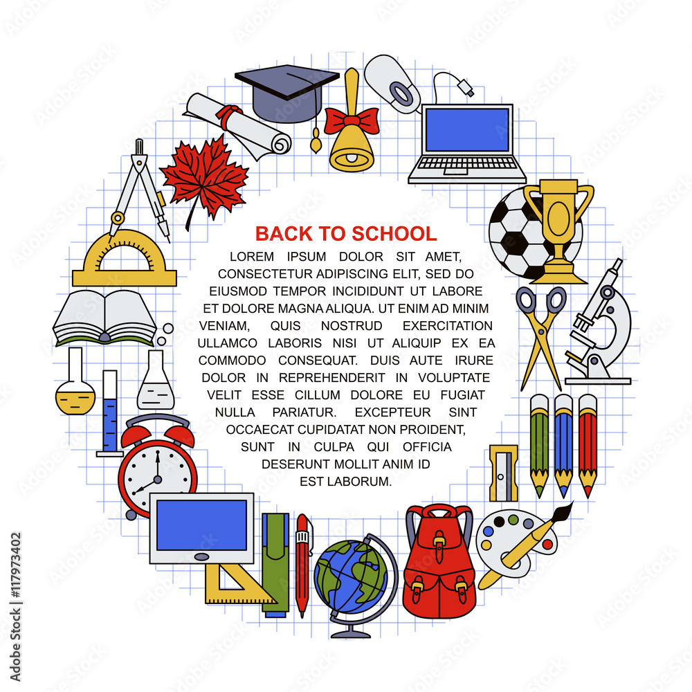Collection of different school objects arranged in a circle. Place for ...