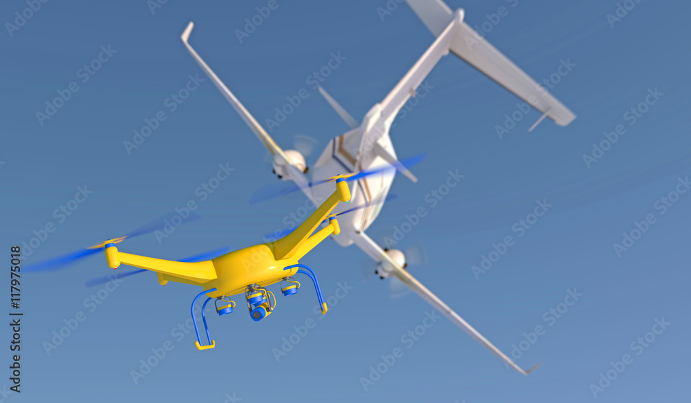 3D render of UAV drone and small airplane narrowly avoiding a mid-air ...