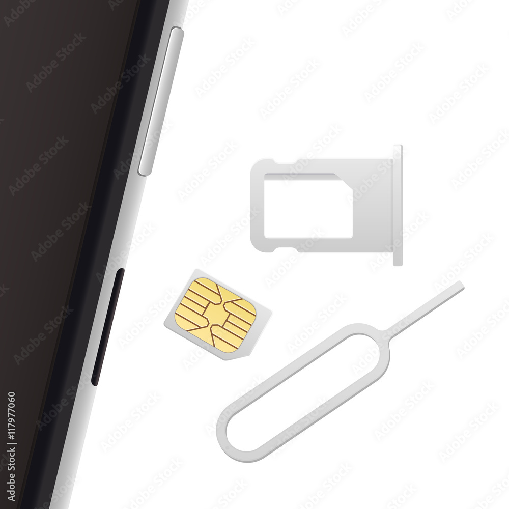 Smartphone, Small Nano Sim Card, Sim Card Tray and Eject Pin. Vector ...
