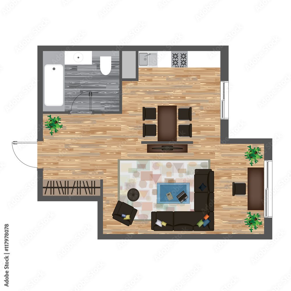 Architectural Color Floor Plan. Studio Apartment Vector Illustration ...