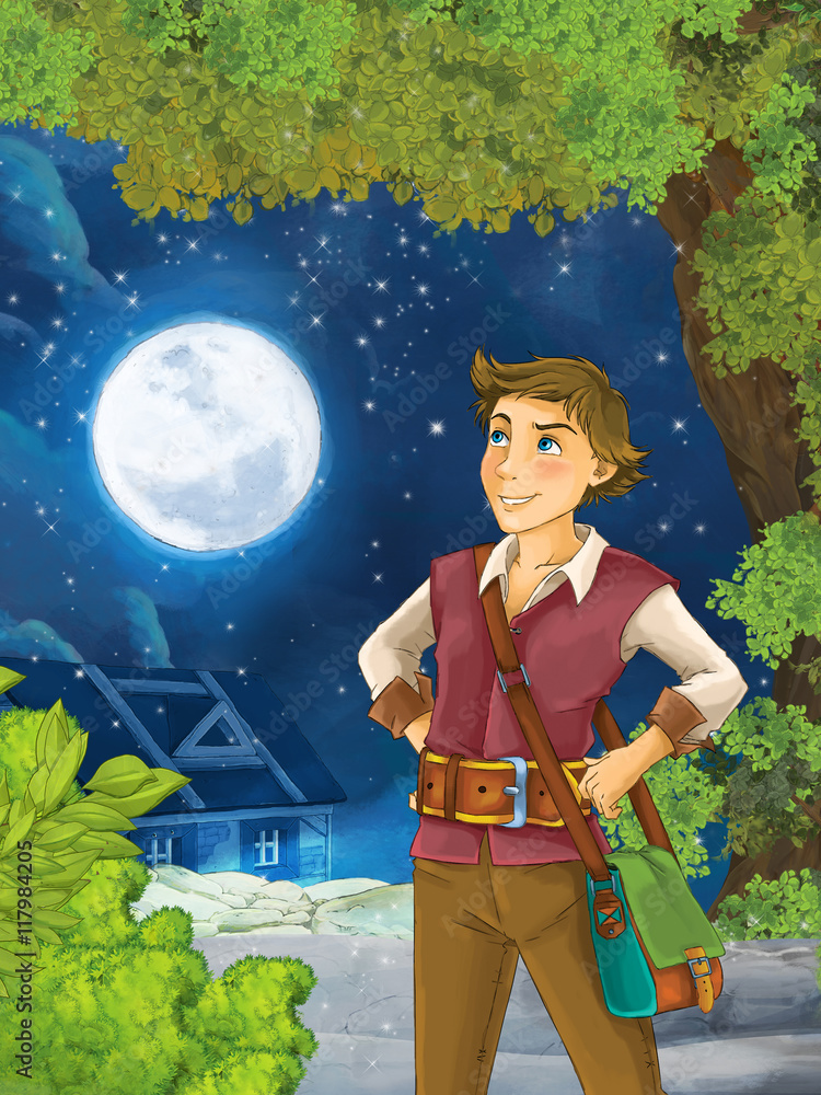 Cartoon scene with a young brave man - traveler - stage for different ...