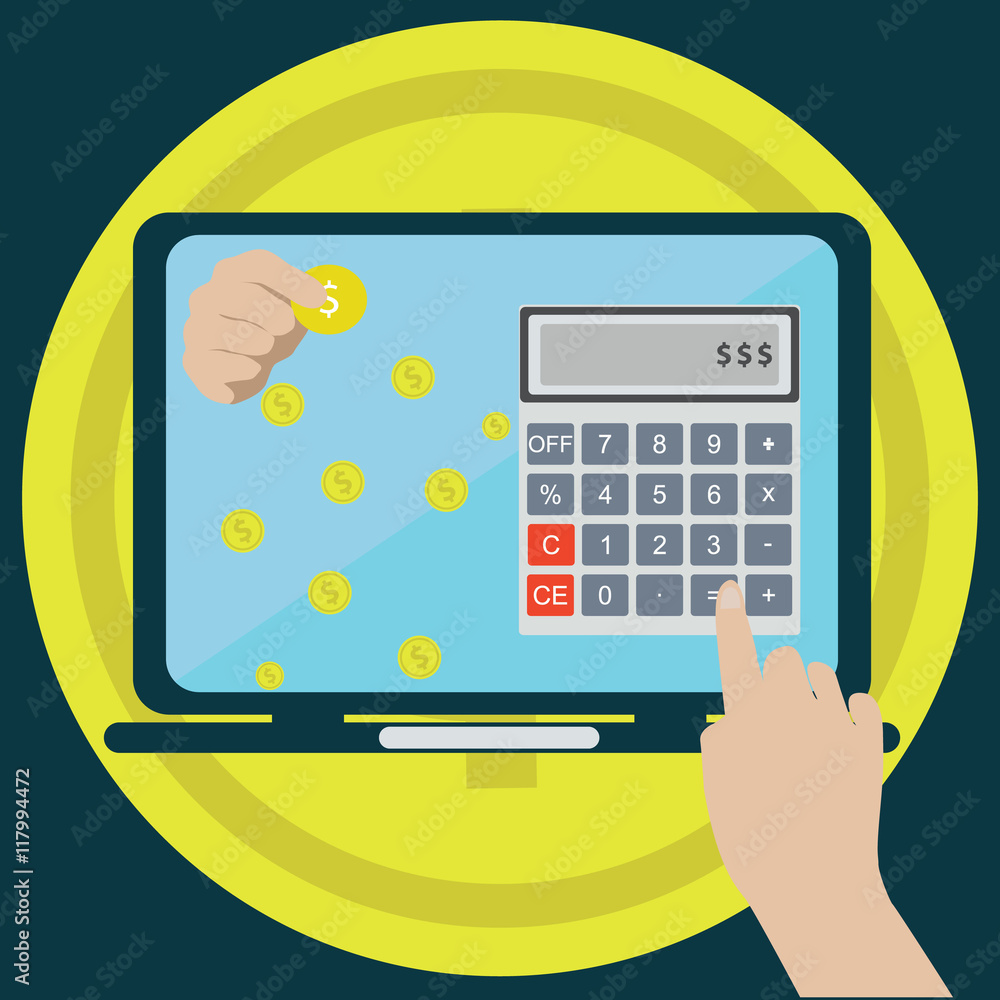 Paying bills, hand holding bills vector.Calculator icon and vector ...