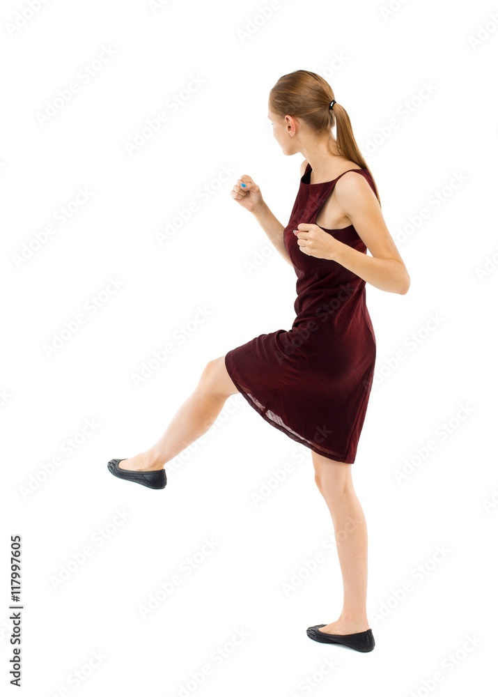 skinny woman funny fights waving his arms and legs. Isolated over white ...