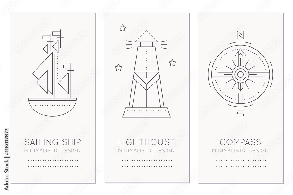 Nautical card design template with thin line style illustrations of ...