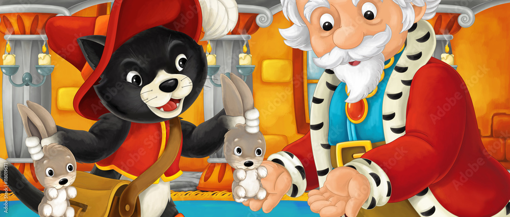 Cartoon cat visiting king in his castle and giving him hares ...