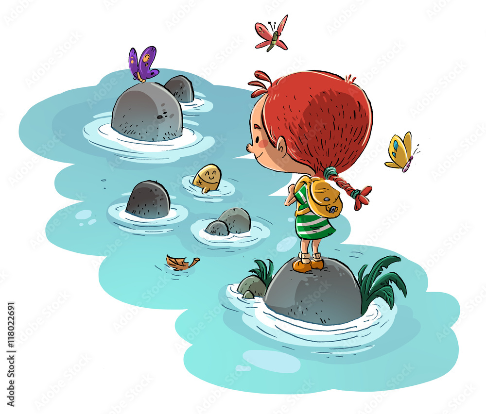 niña cruzando un rio Stock Illustration | Adobe Stock