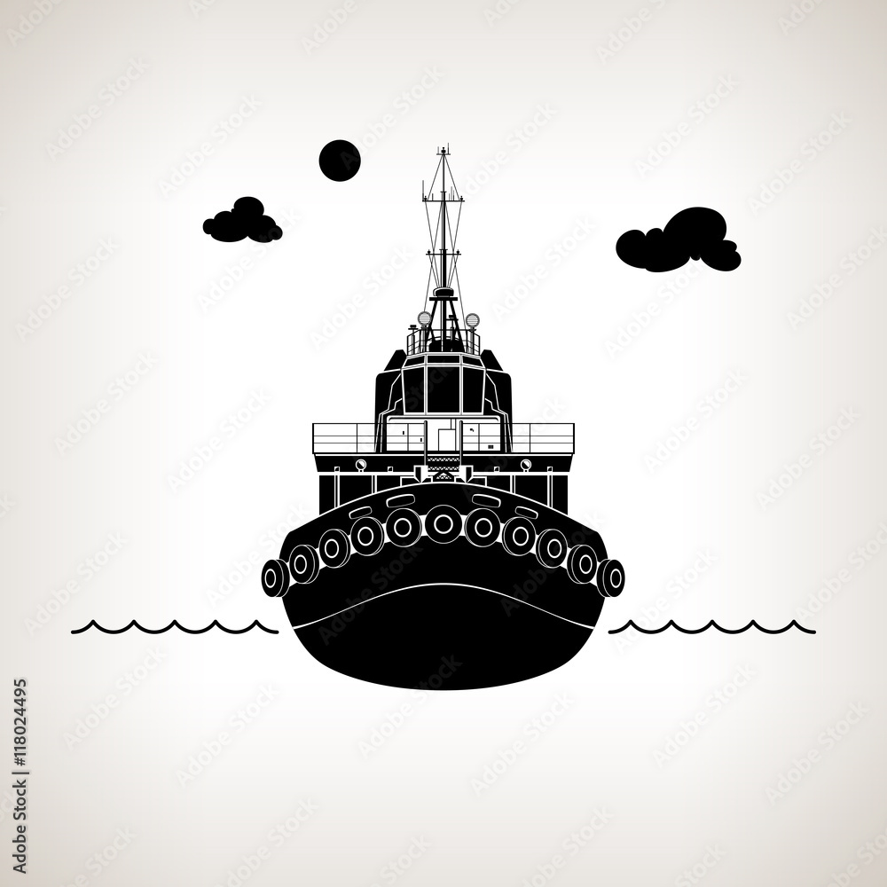 Front View of the Vessel Tugboat, Push Boat on Light Background ...