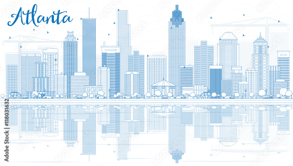 Outline Atlanta Skyline with Blue Buildings and Reflections. Stock ...