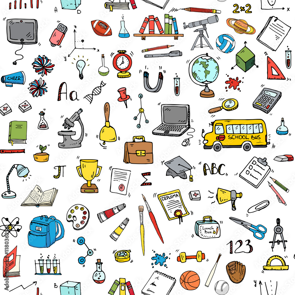 Seamless background with hand drawn doodle School icons set Vector ...