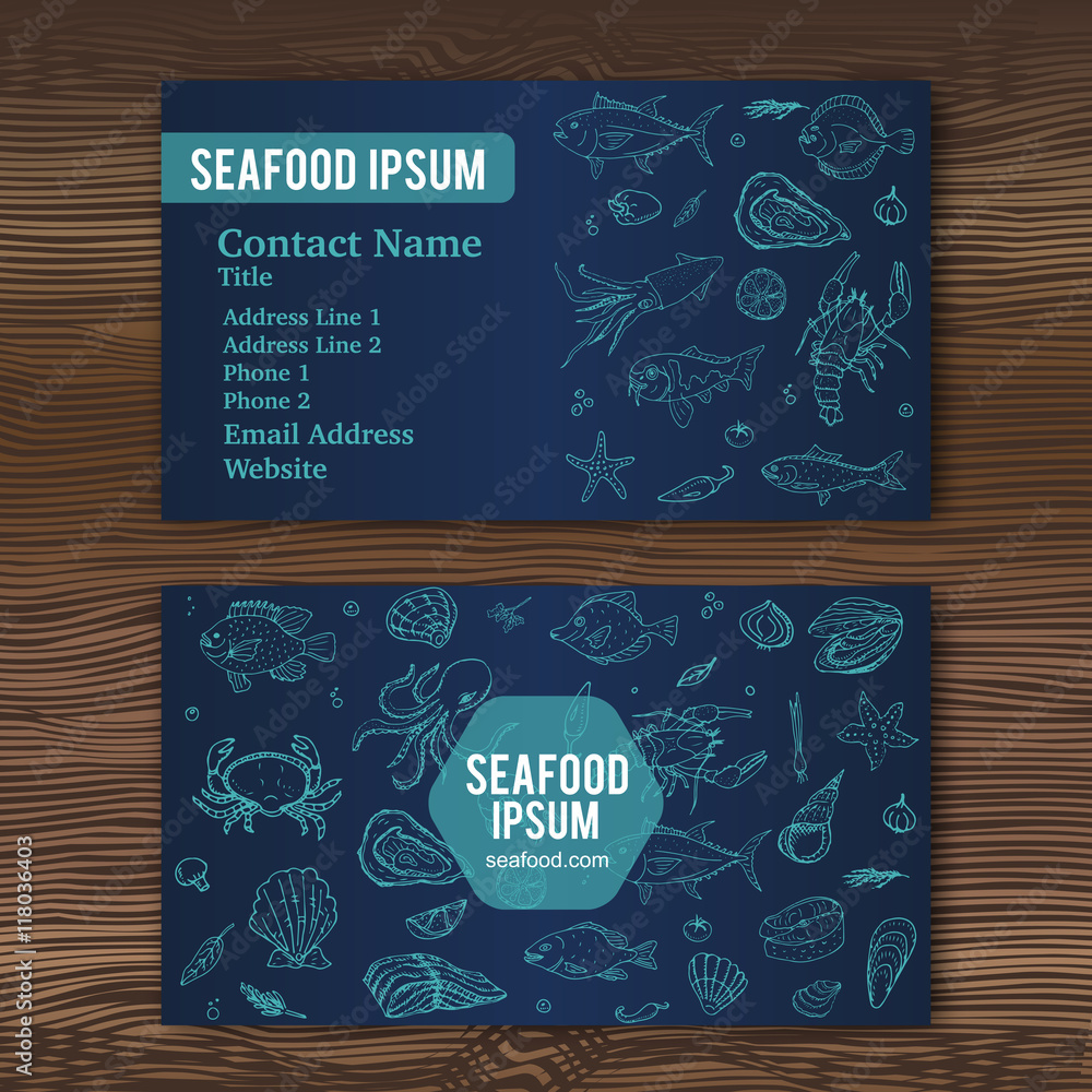 Business card template with hand drawn doodle seafood icons for ...