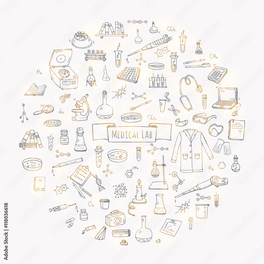 Hand drawn doodle Medical laboratory icons set. Vector illustration ...