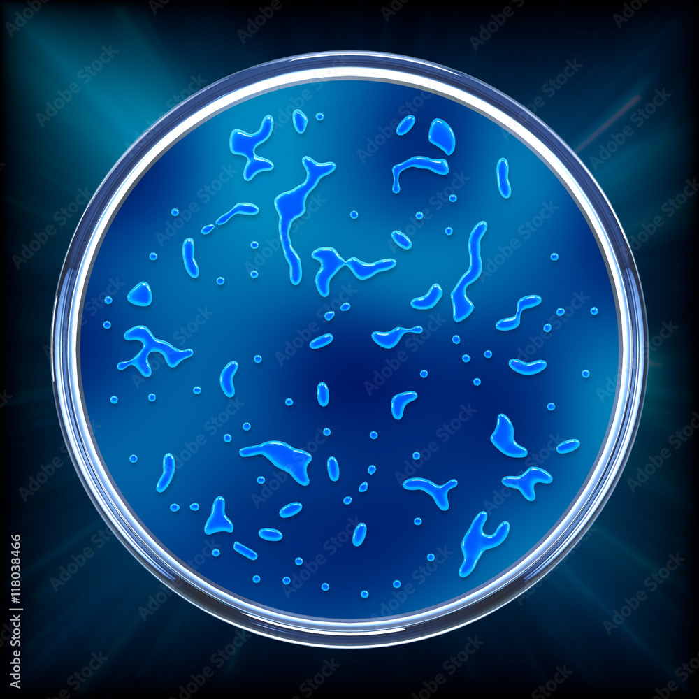 3D illustration, render.Bacteria blue colonies on petri dish, o Stock ...