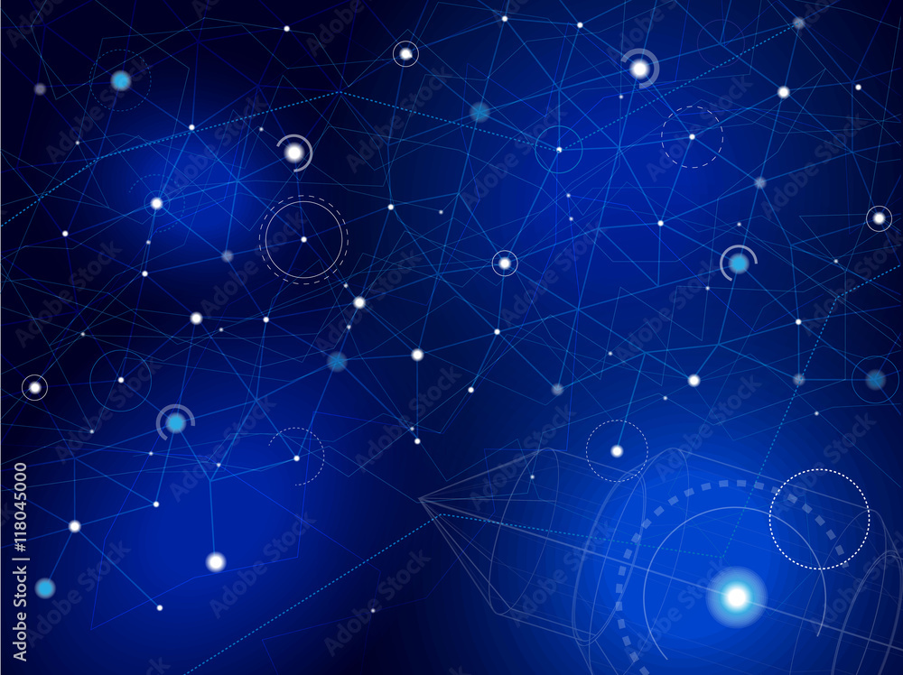 Space map with rocket. Stars and lines on deep blue background with ...