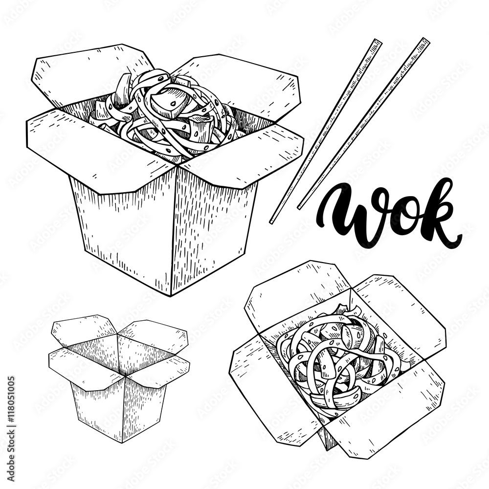 Wok vector drawing with lettering. Isolated chinese box and chop Stock ...