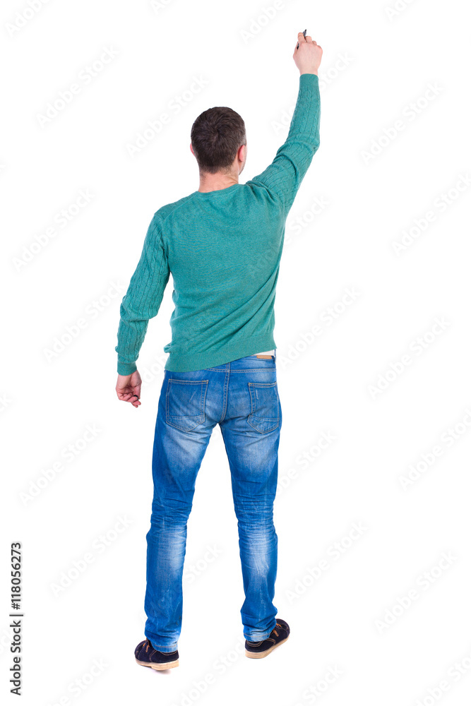 back view of writing business man. Rear view people collection ...