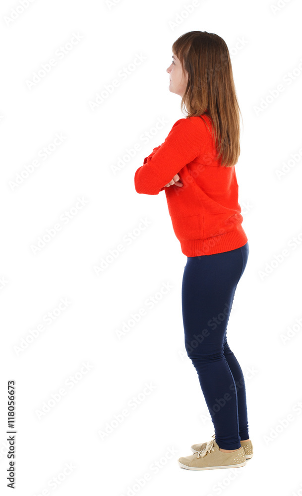 back view of standing young beautiful woman. girl watching. Rear view ...