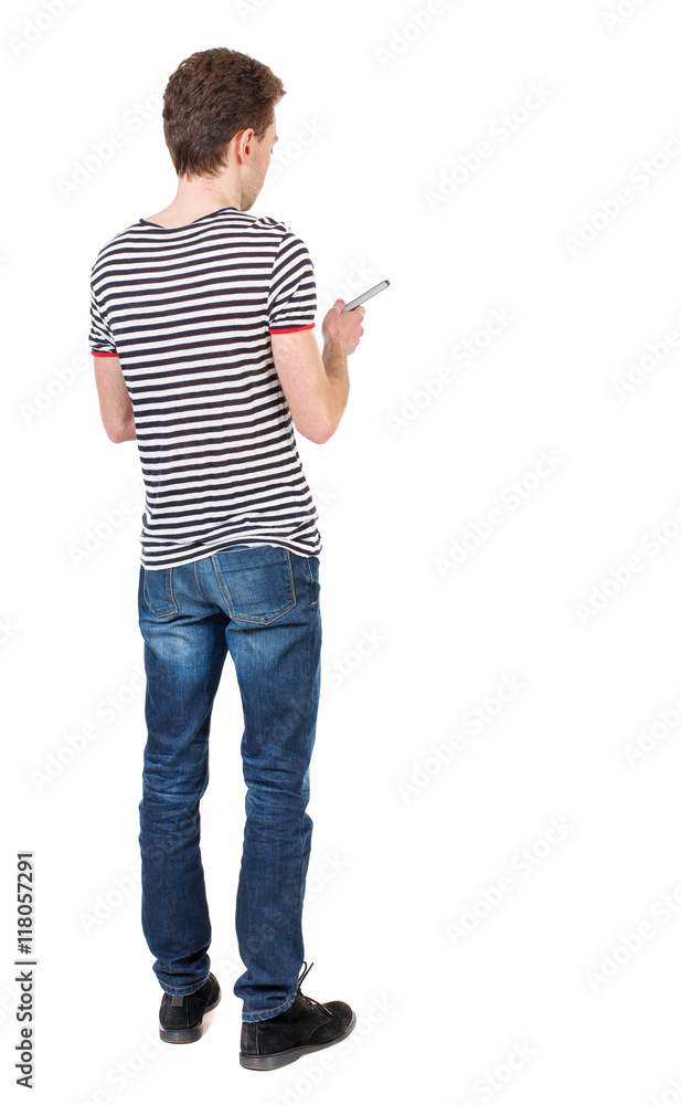 back view of writing business man. Rear view people collection ...