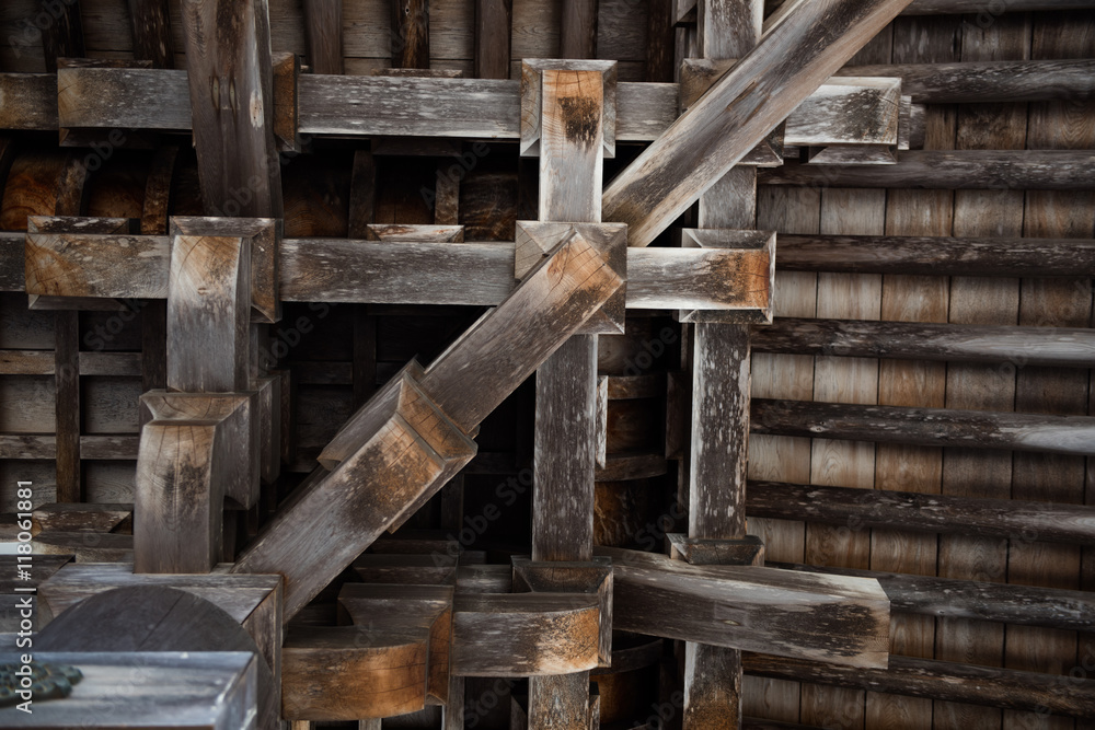 Traditional wooden construction of Japanese temple, showing thick ...