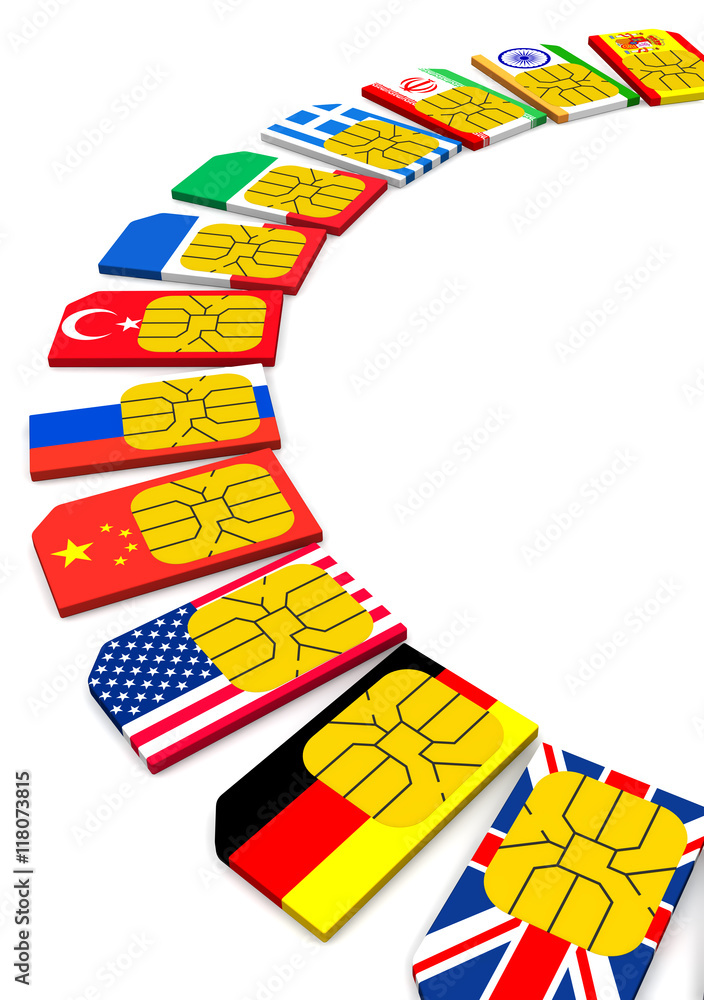 SIM card with the image of flags of States. Isolated. 3D Illustration ...