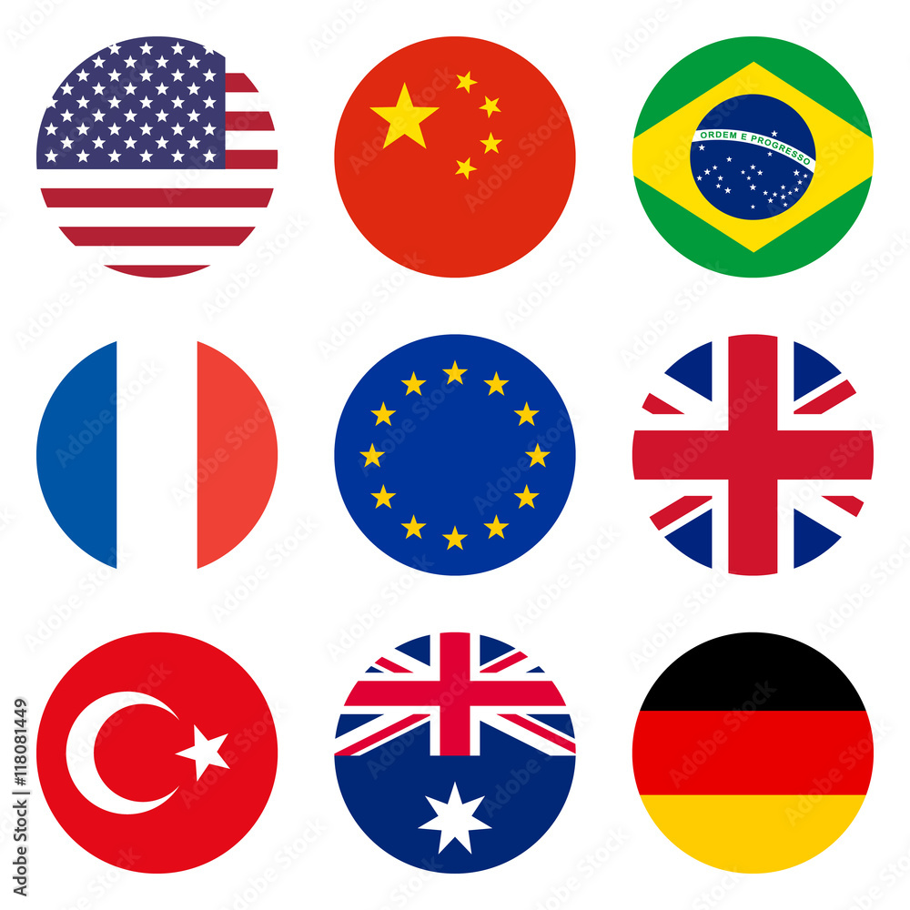 Circle flags of the world, flat style icons, isolated on white ...