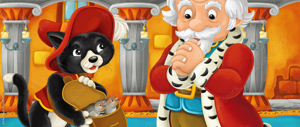 Cartoon cat visiting king in his castle giving him hares - illustration ...