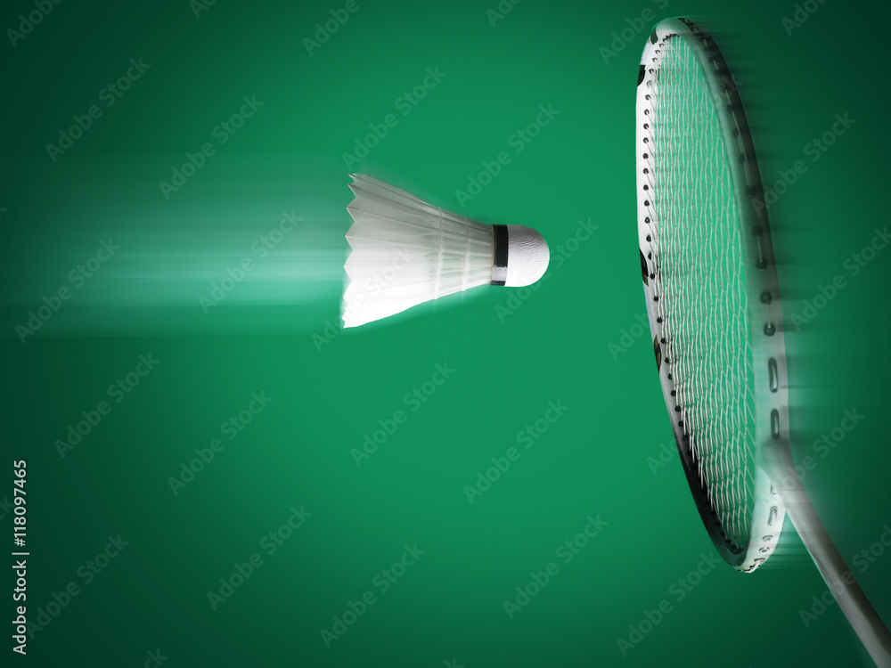 racket with string and shuttlecock on green background Photos | Adobe Stock