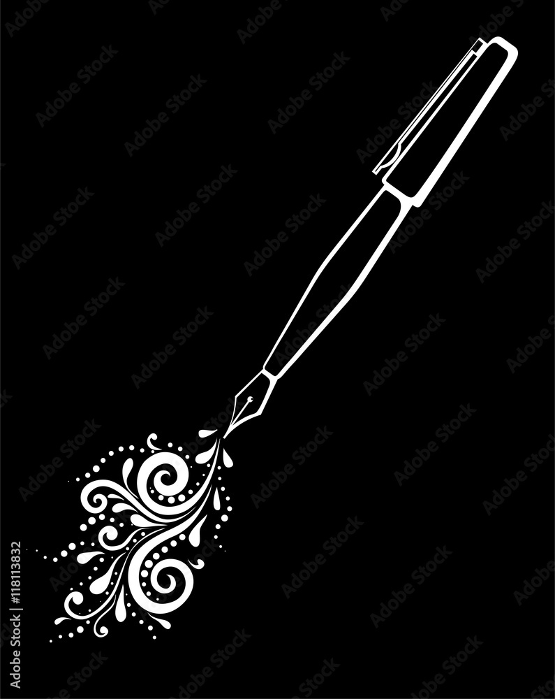 beautiful monochrome black and white outline of an ink pen with a ...