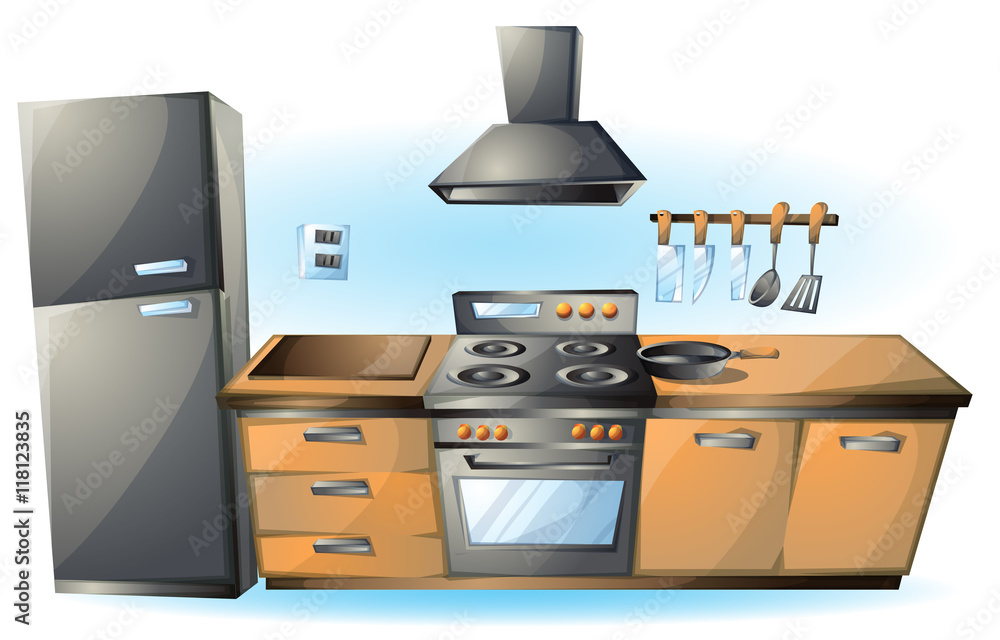 cartoon vector illustration cartoon stove Kitchen objects with ...