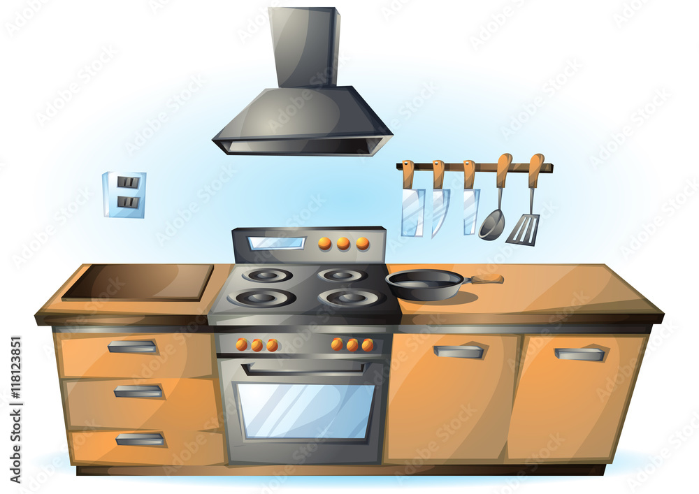 cartoon vector illustration cartoon stove Kitchen objects with ...
