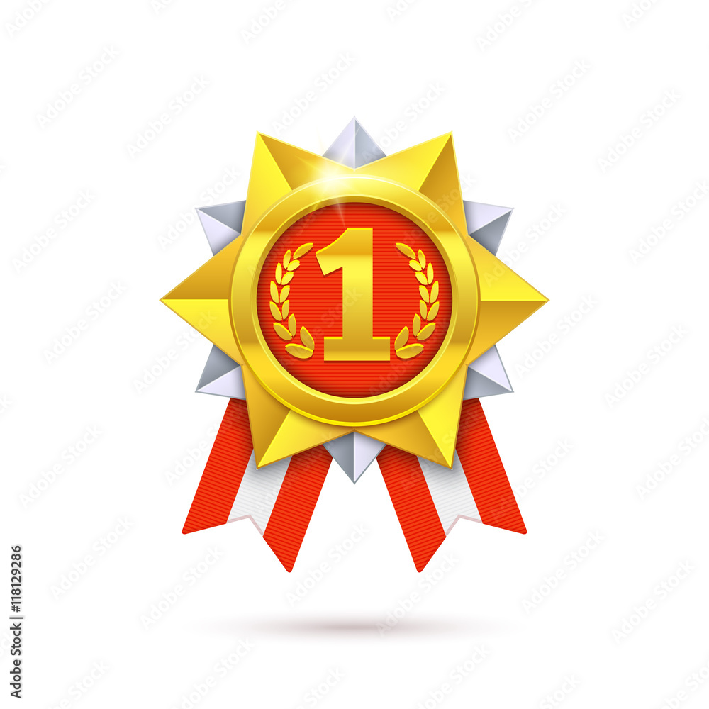 Vector Gold medal illustration. 1st place prize. 3d gold medal with ...