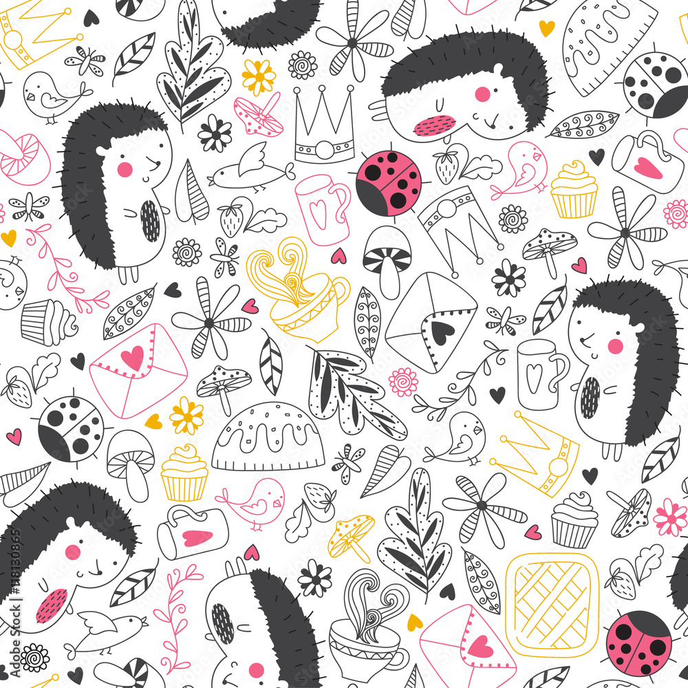 Seamless doodle background with hedgehog Stock Vector | Adobe Stock