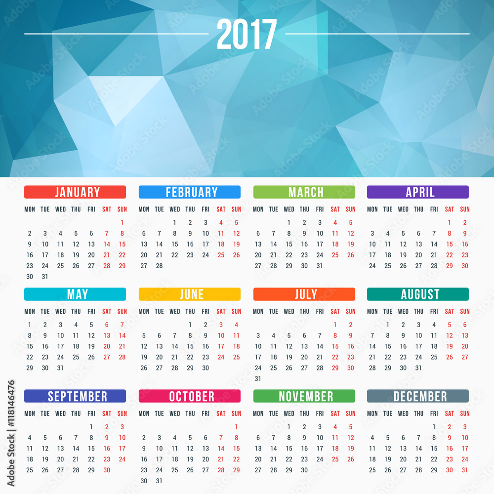 Calendar for 2017 year. Vector design stationery template. Week starts ...