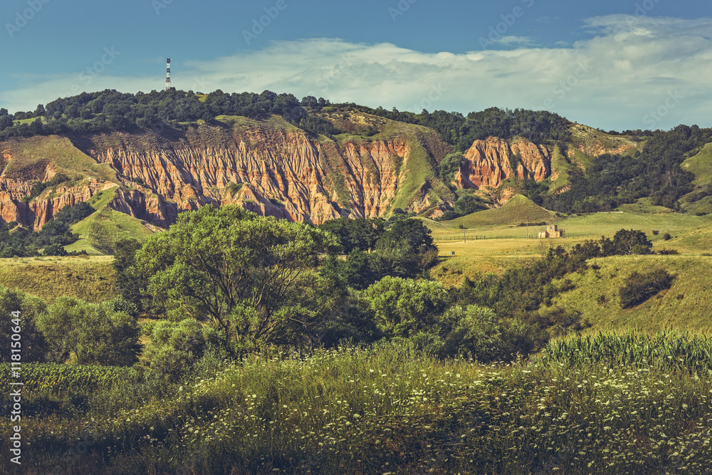 Panoramic view of the protected area Red Ravine (Rapa Rosie), a rare ...