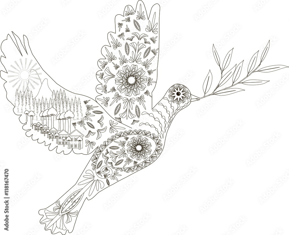 Zentangle stylized dove of peace black and white hand drawn, vector ...