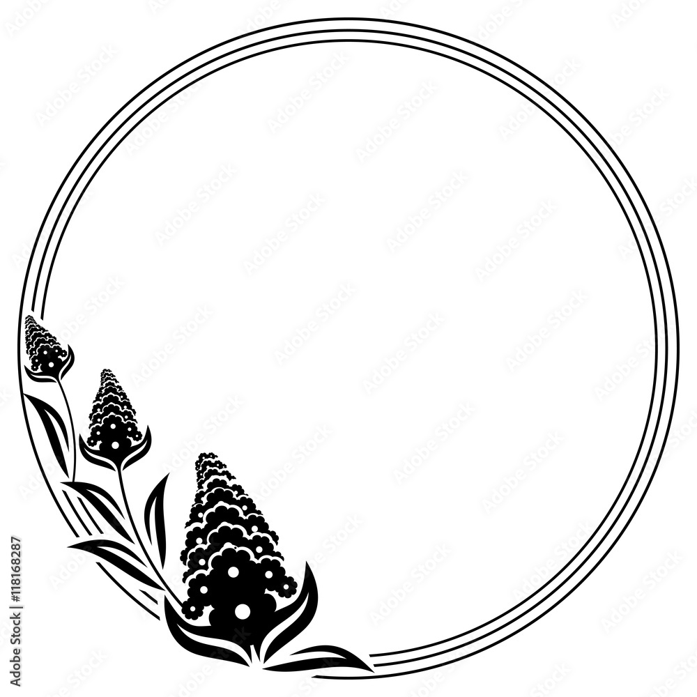 Black and white round frame with floral elements. Vector clip art ...