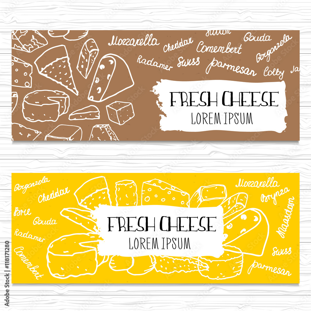 Hand drawn cheese banners set. Template for cheese shop,organic food ...