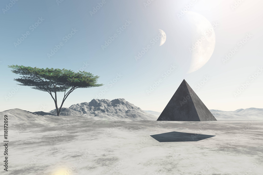 Pyramid flying over deserted land, UFO wallpaper, fantasy world 3D ...