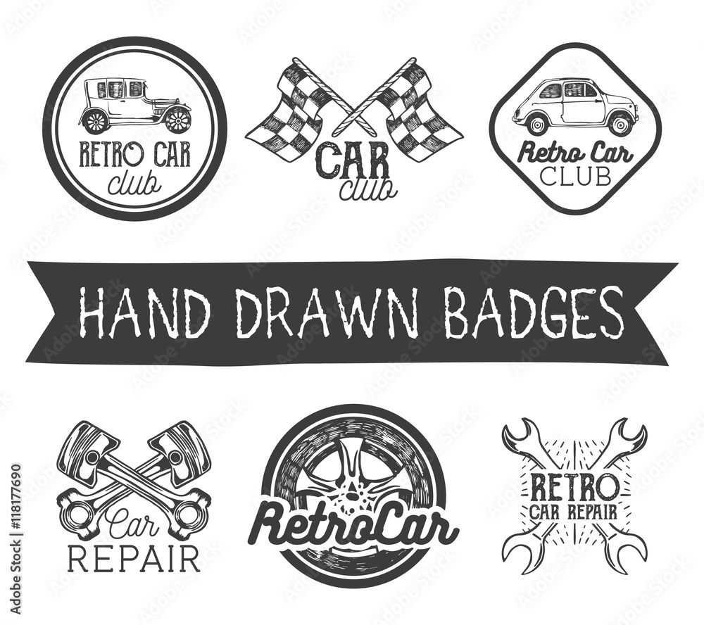 Vector set of hand drawn retro car labels in vintage style. Auto club ...