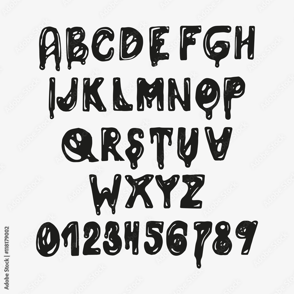 Hand Drawn Font Alphabet Letters With Numbers Melted Style Stock hand-drawn-font-alphabet-letters-with-numbers-melted-style-stock