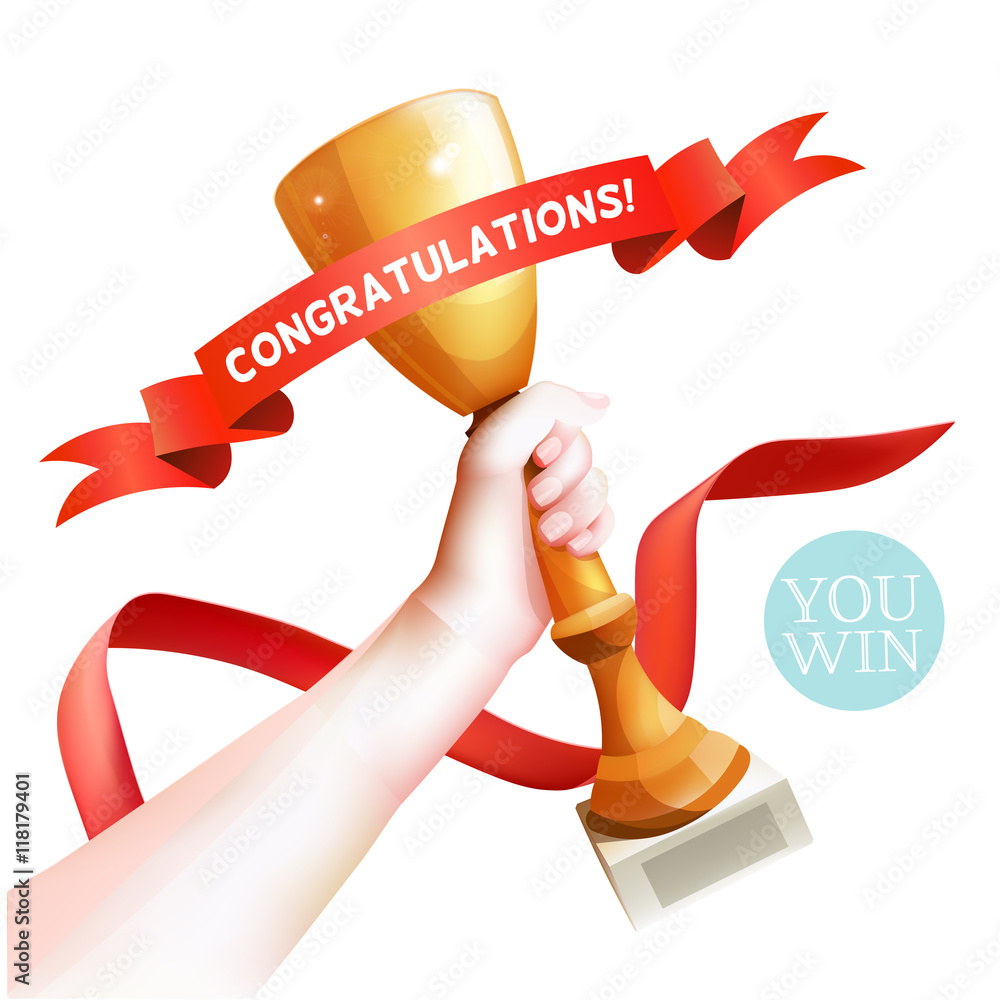 Hand Holding Up Trophy. Vector Winner Cup Illustration with Red Ribbon ...