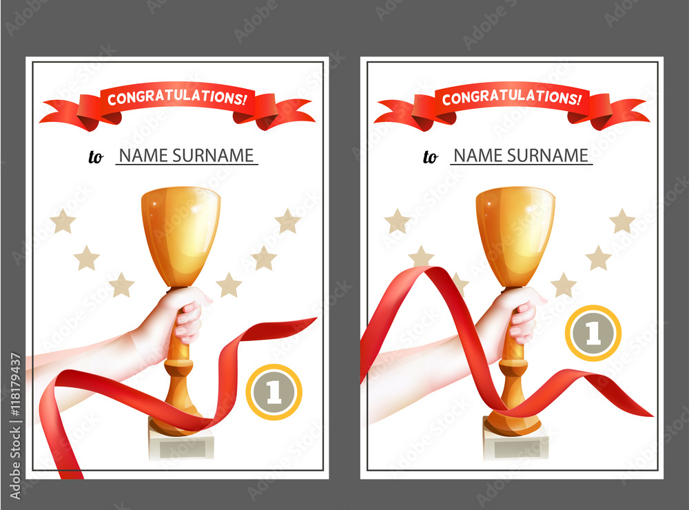 Set of Winner Certificate with Trophy Cup and Red Ribbon. Diploma For ...