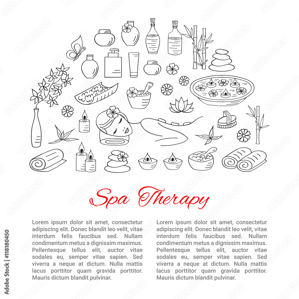 Spa hand drawn doodle icons. Vector illustrations of Beautiful woman ...