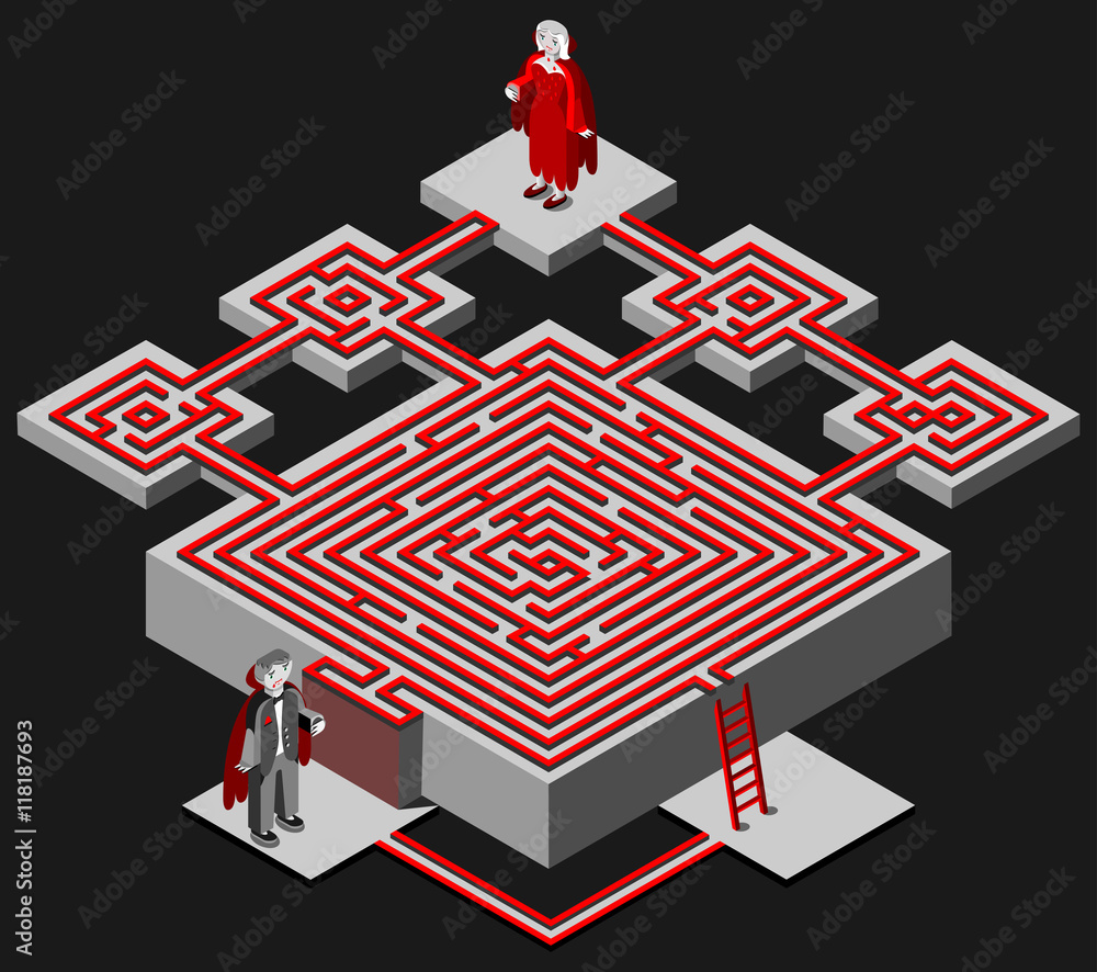 Halloween maze. Vampire man looking vampire wooman. 3D isometric view ...