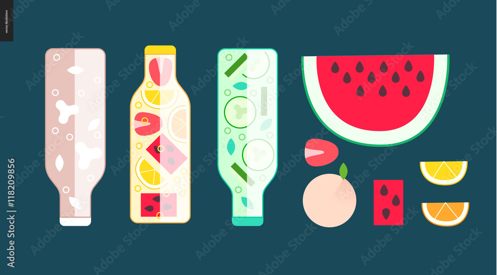Three bottles and some fruit - cartoon vector illustration of bottles ...