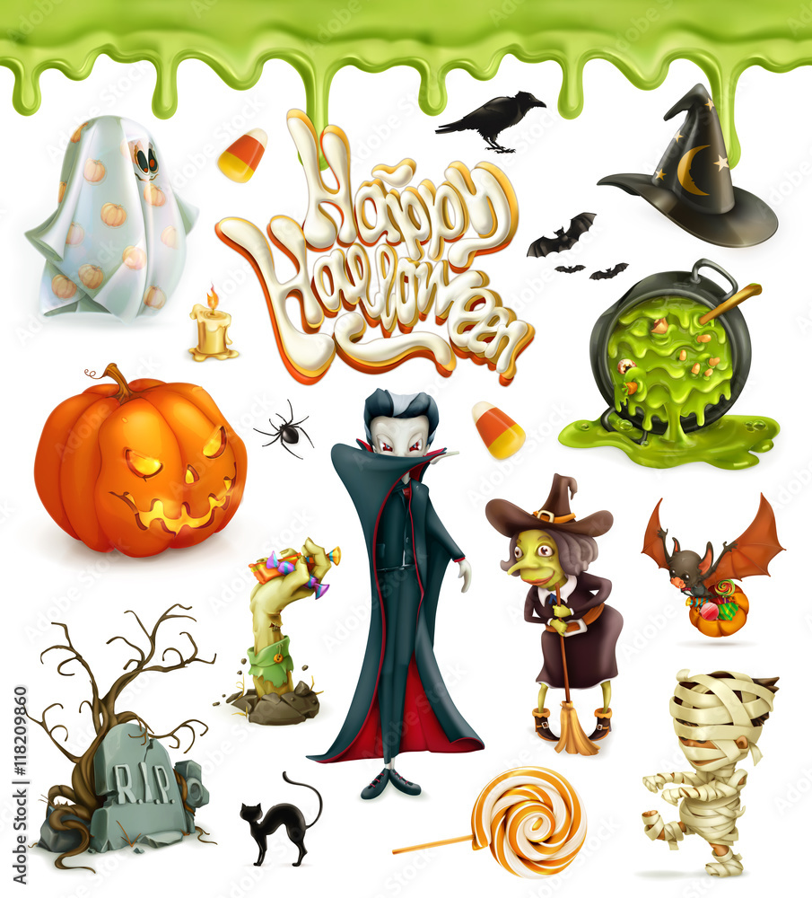 Halloween 3d vector icons. Set of cartoon characters and objects ...