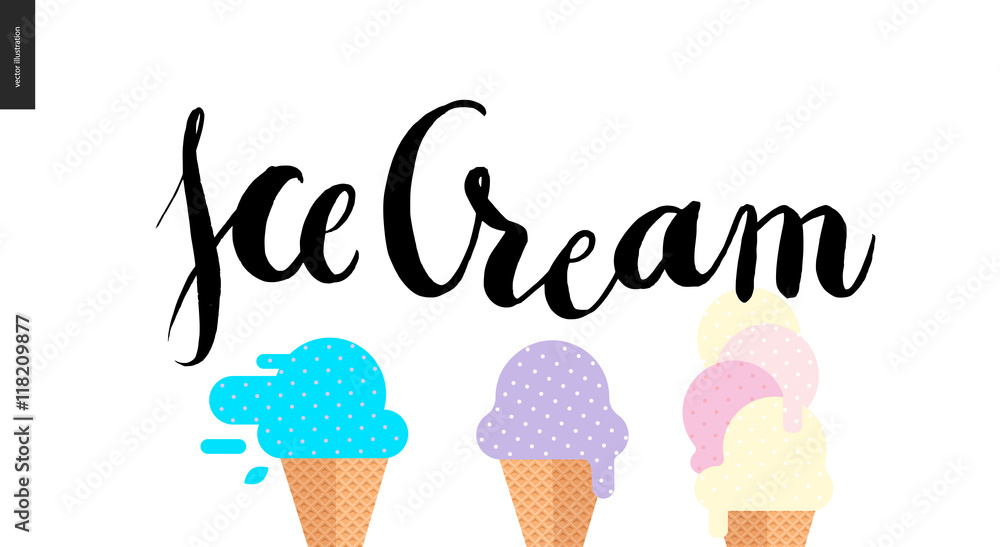 Ice Cream lettering and three ice cream cones - a vector flat cartoon ...