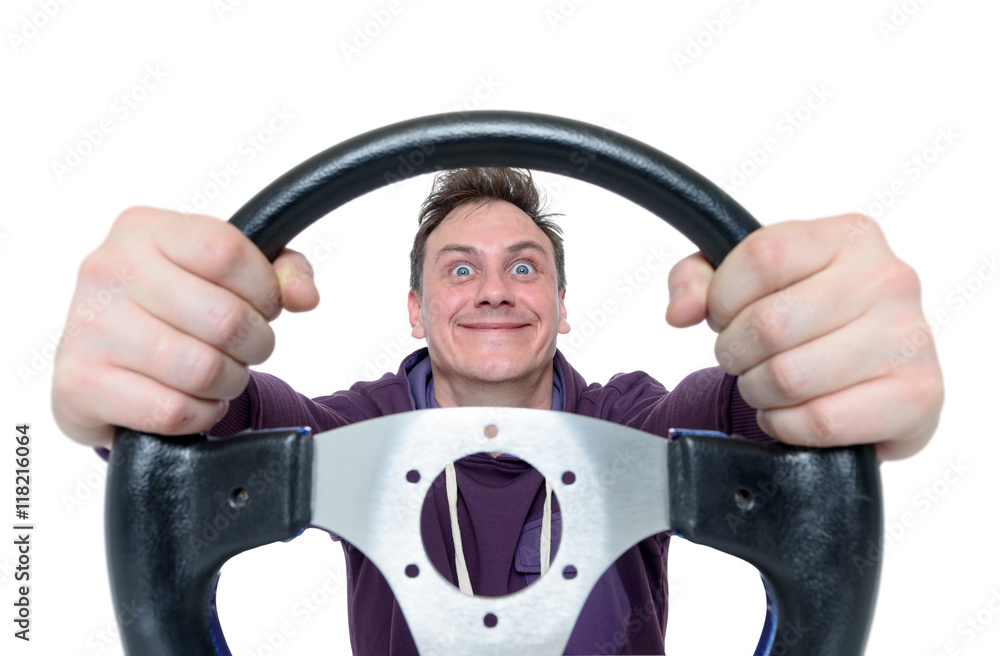 Man with a steering wheel, front view. Isolated on white background ...