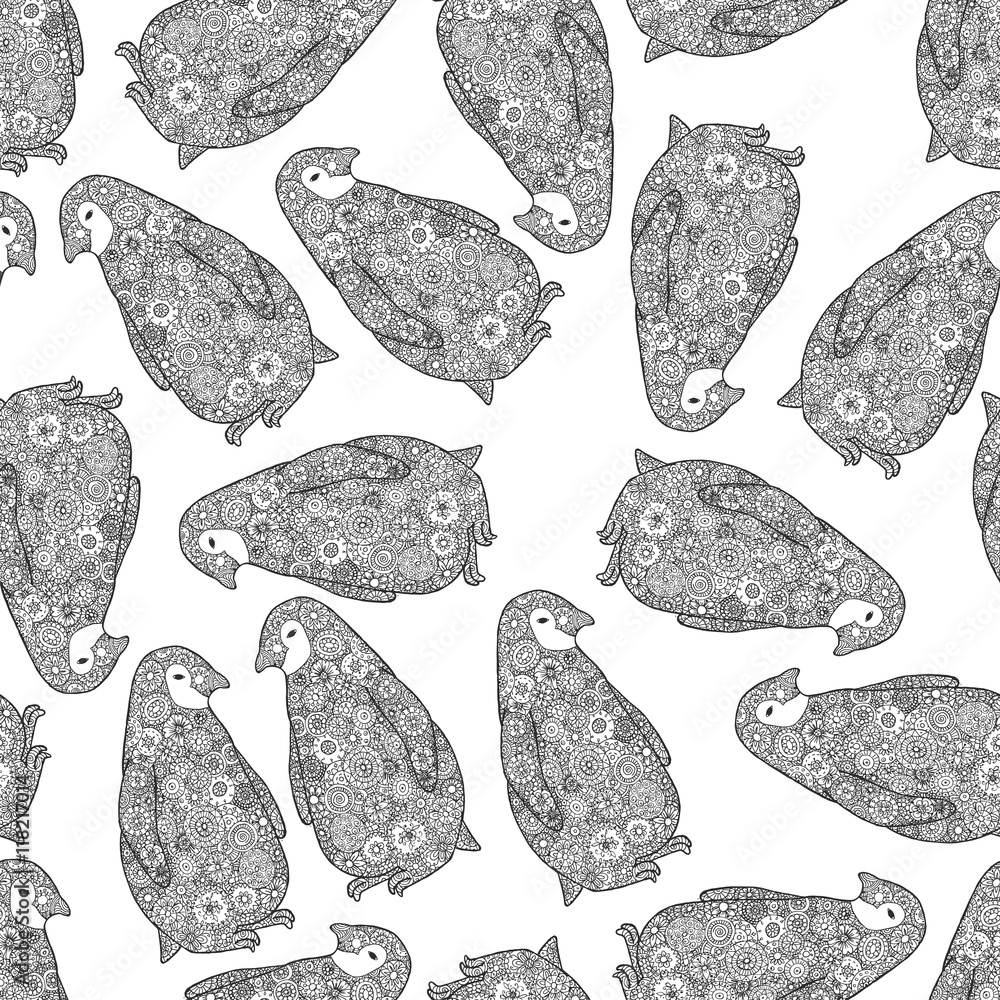 Seamless pattern background penguin. Zen tangle and zen doodle wildlife ...