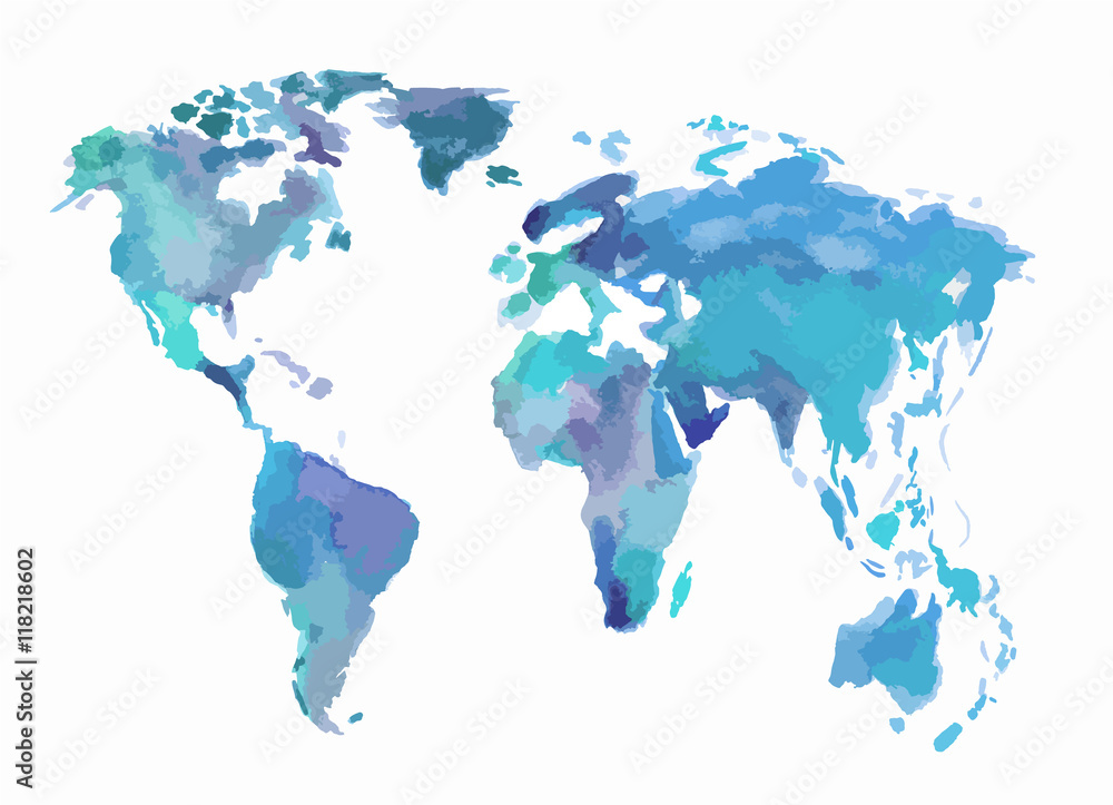 Watercolor blue world map. Beautiful map with lands and islands ...