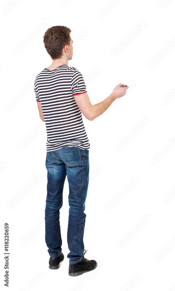 back view of writing business man. Rear view people collection ...